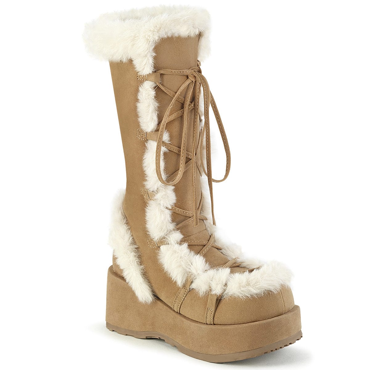 Demonia CUBBY 311 Mid-Calf Boot Camel Vegan Suede | Shoe Me — SHOE ME